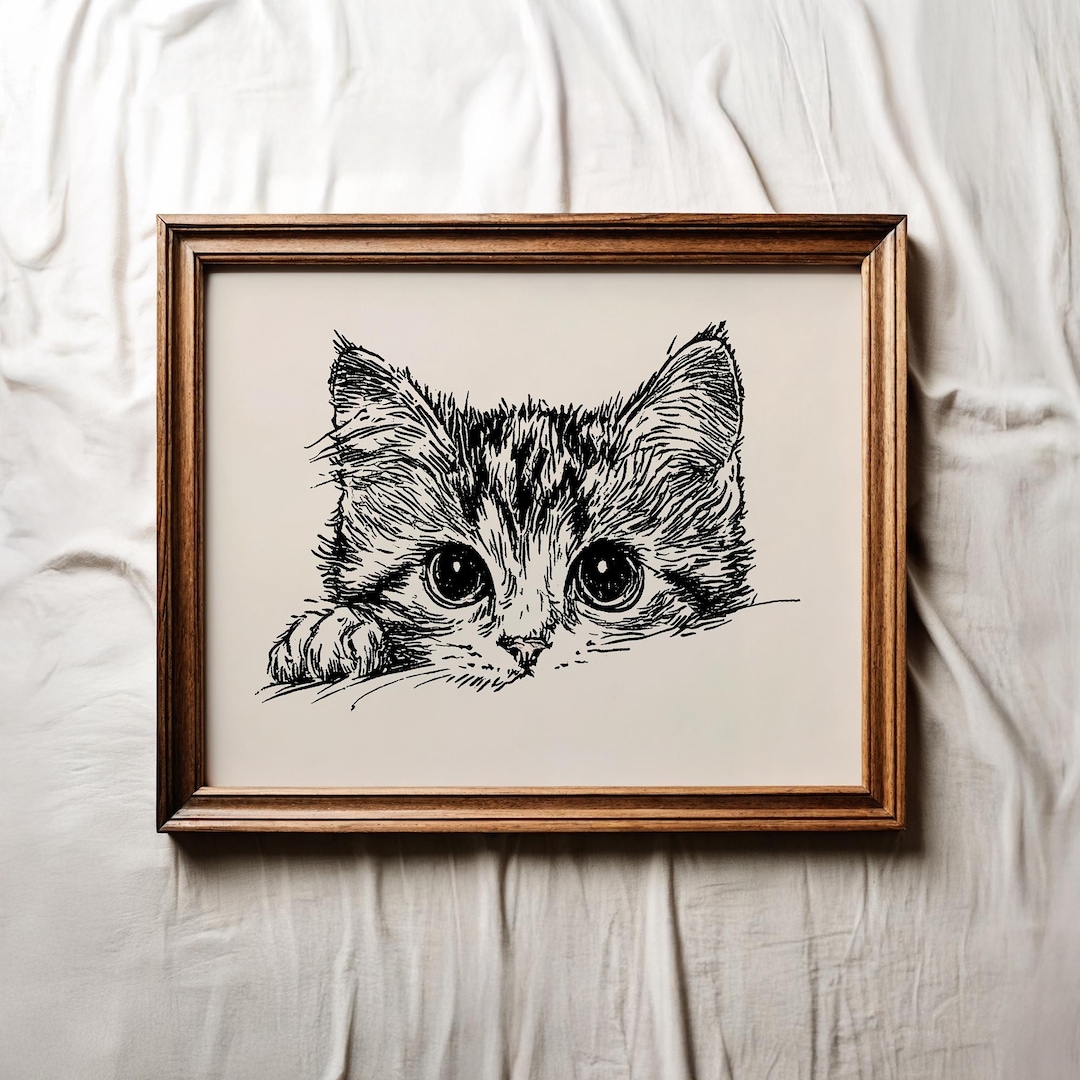 Vintage Cat Sketch Print, Cat Printable Wall Art, Cat Line Art Print ...