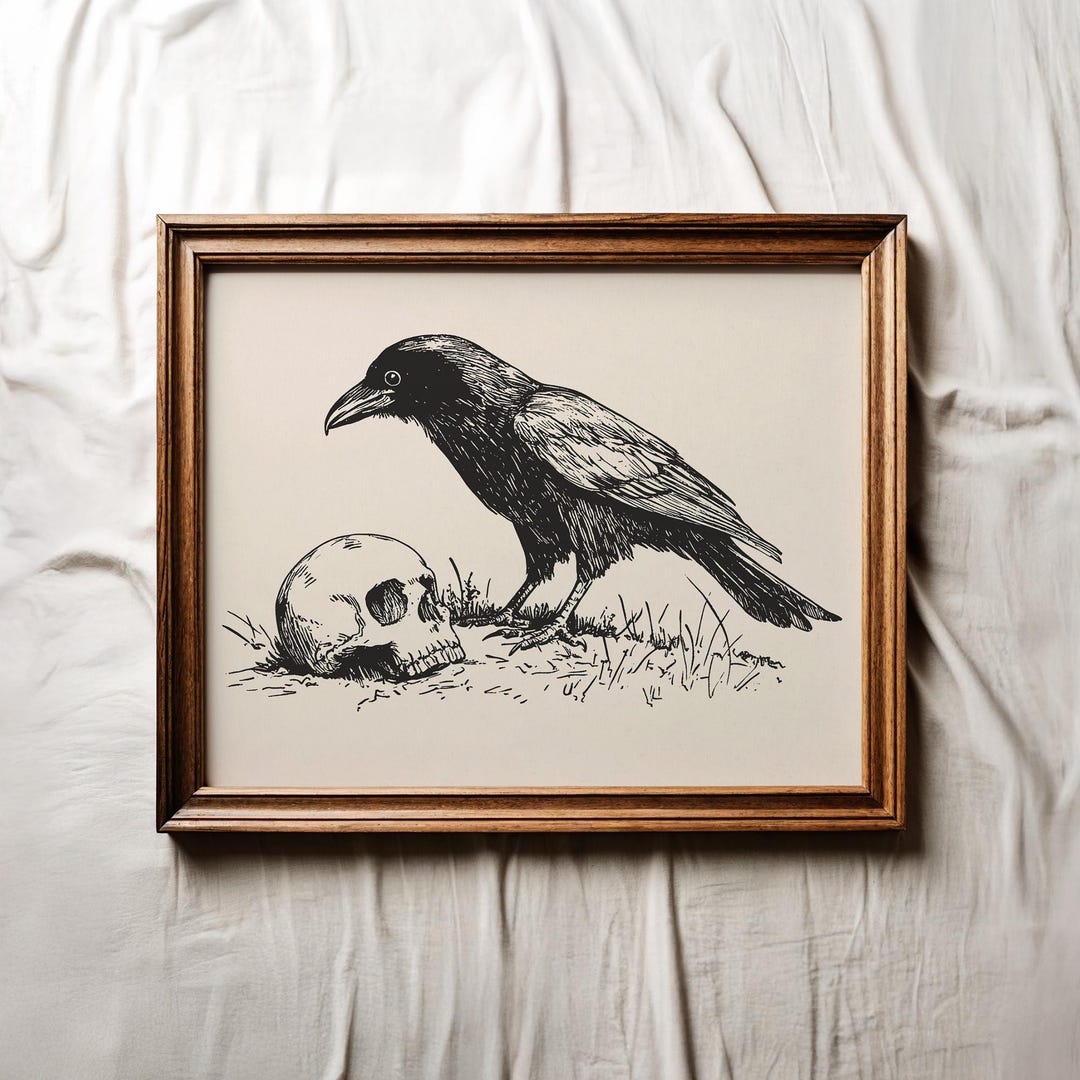 Vintage Raven Sketch Printable Wall Art, Spooky Wall Art, Retro ...