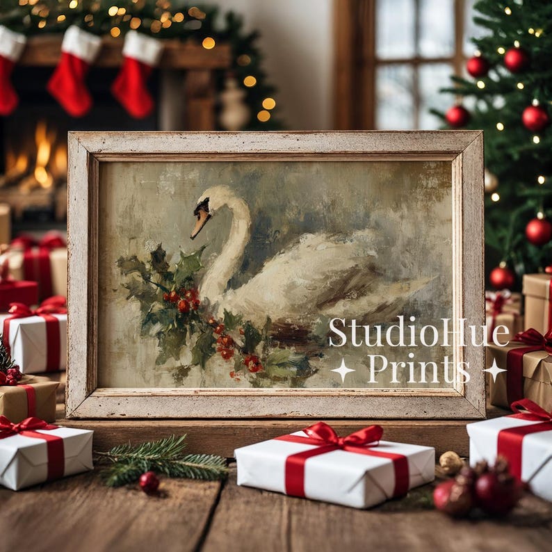 Vintage Swan Christmas Printable Wall Art, Rustic Christmas Decor ...