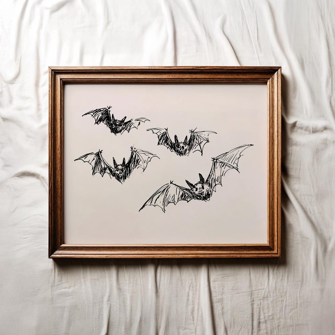 Halloween Bat Sketch Printable Wall Art, Vintage Halloween Printable ...