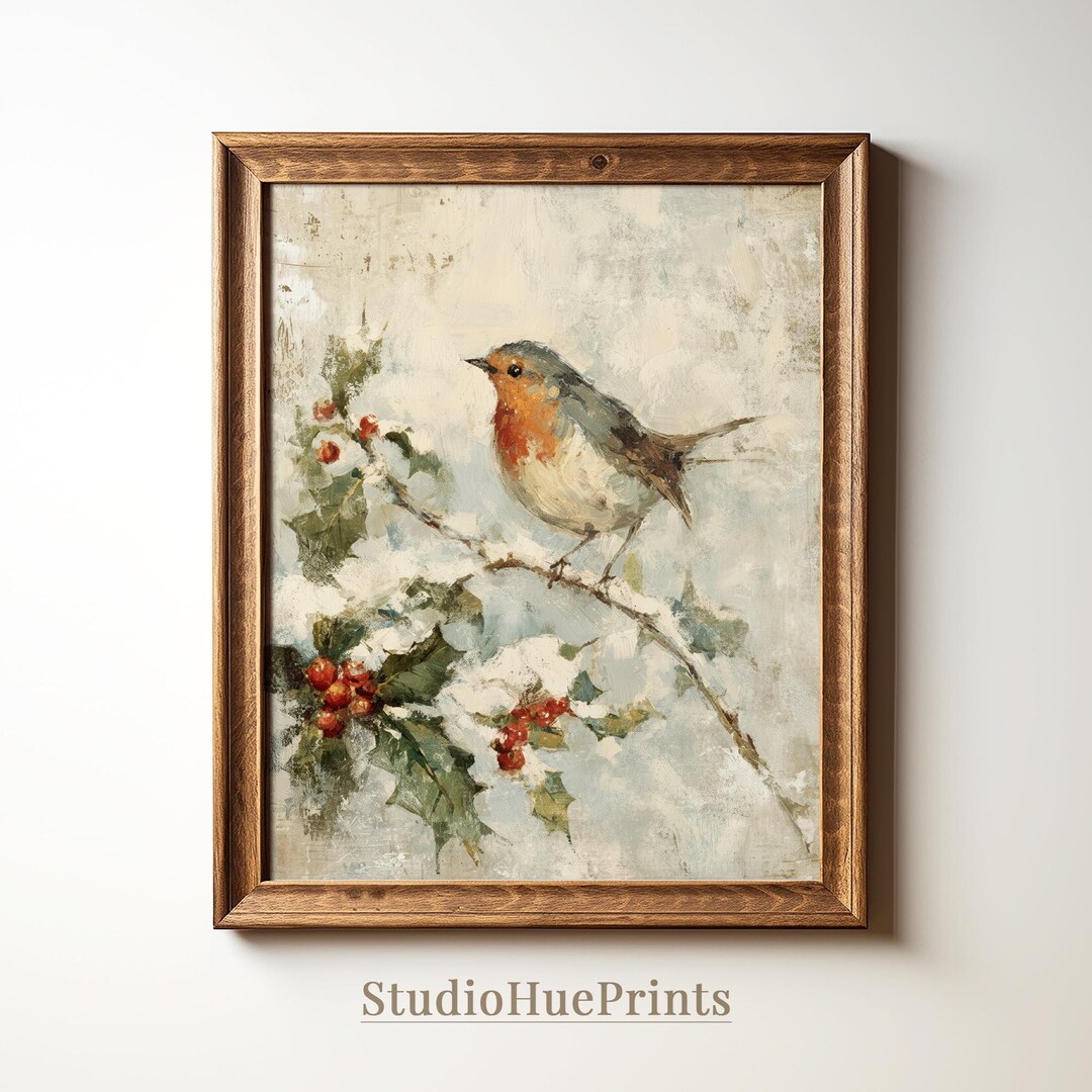 Vintage Christmas Robin Printable Wall Art, Christmas Decor, Bird ...