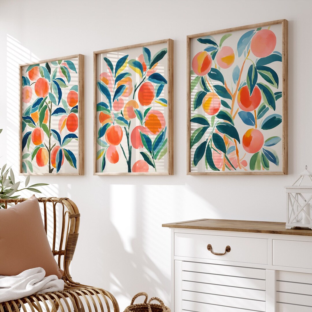 Peaches Printable Wall Art, Set of 3, Peach Print, Botanical Wall Art ...