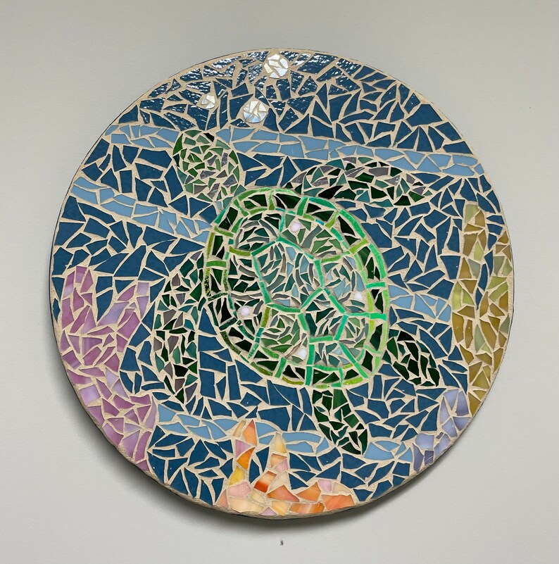 Shiny Green Sea Turtle Coral Reef Ocean 12"x12"x1" Round Glass Mosaic ...
