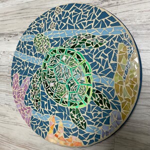 Shiny Green Sea Turtle Coral Reef Ocean 12"x12"x1" Round Glass Mosaic ...