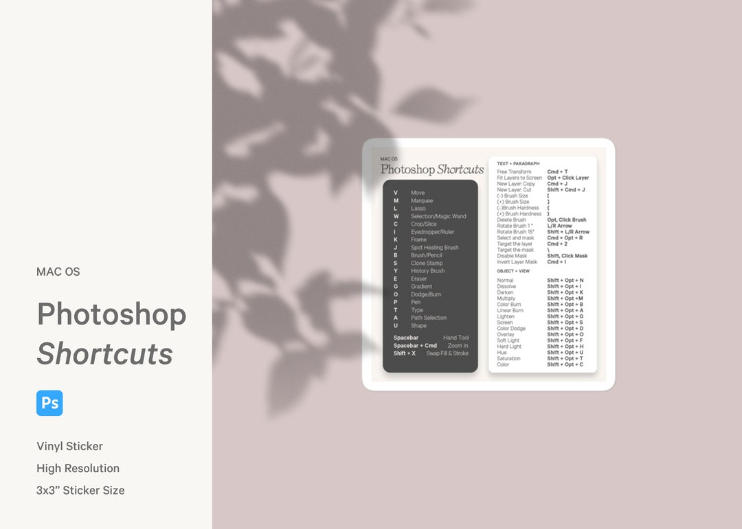 NEW Photoshop Keyboard Shortcuts Sticker for Mac, Vinyl Mac Shortcut ...