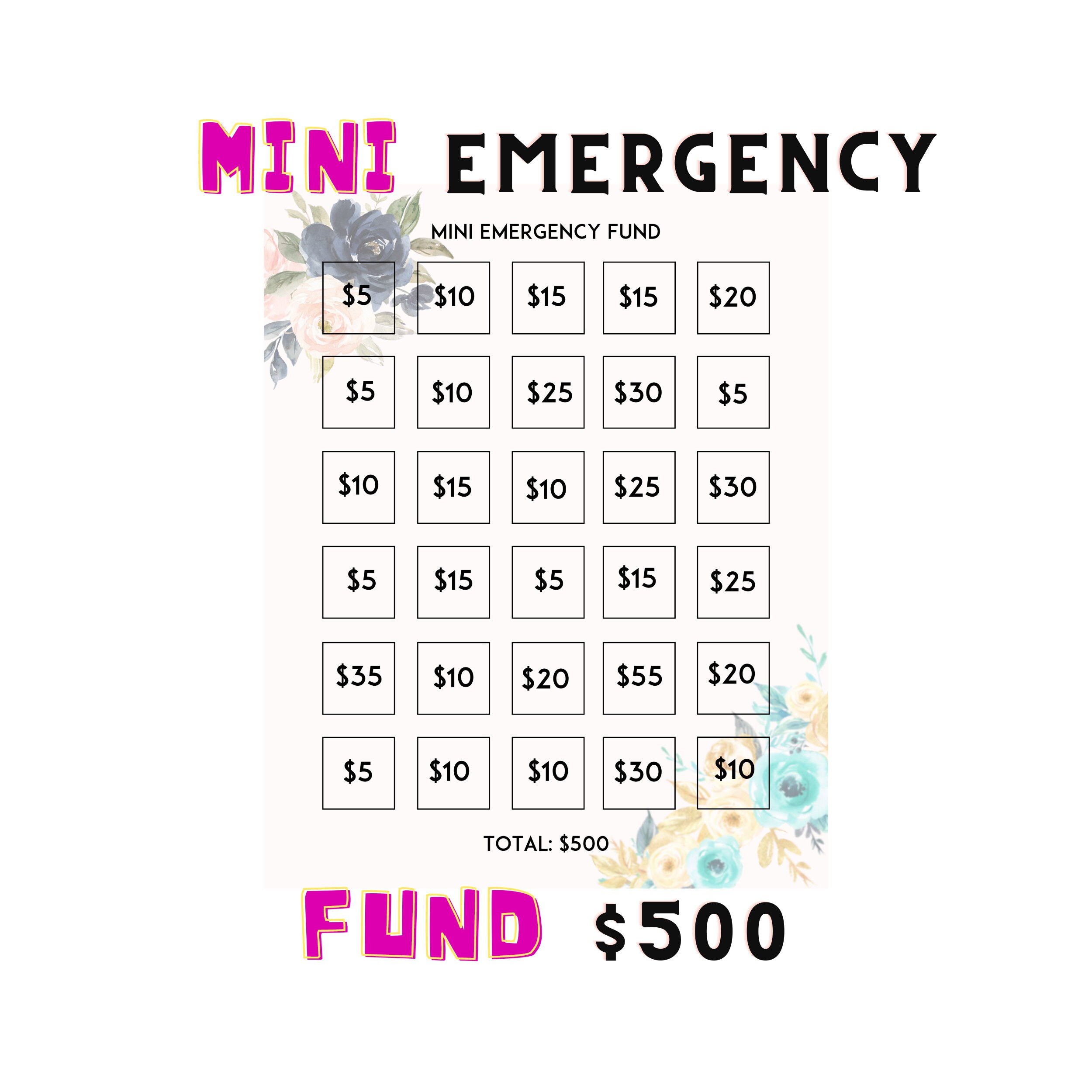 Mini Emergency 500 Savings Challenge Printable 8 X 10 Sized Mini ...