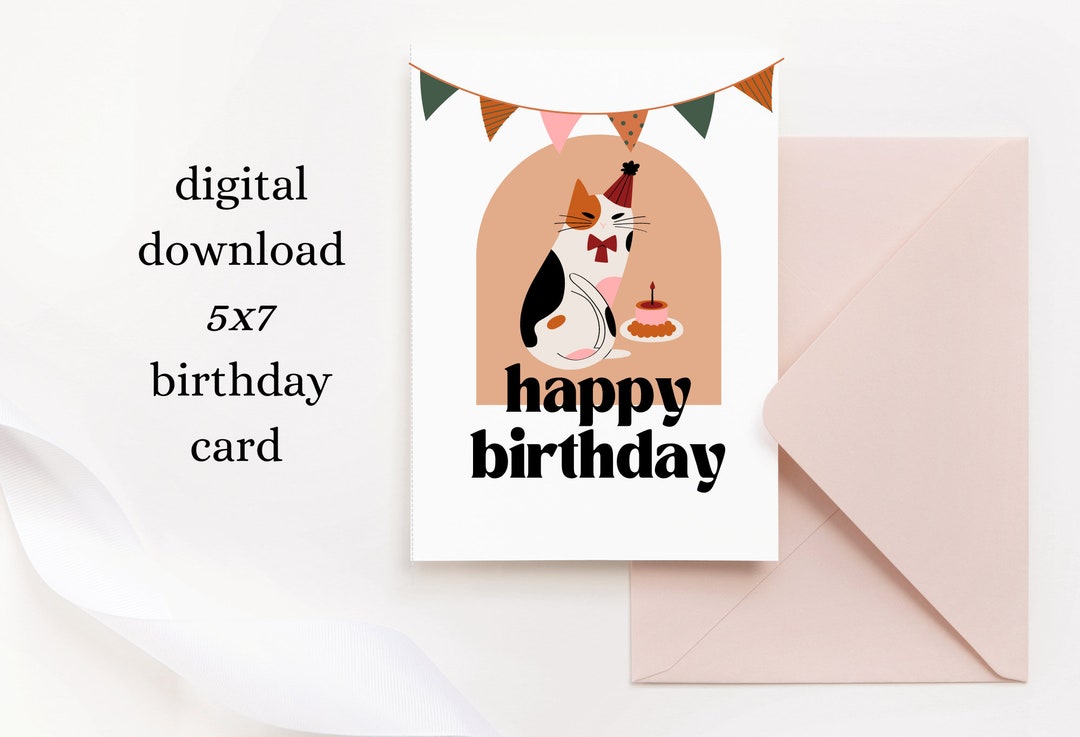 Printable Calico Cat Happy Birthday Card With Cake And Party Hat Modern Birthday Printable Retro