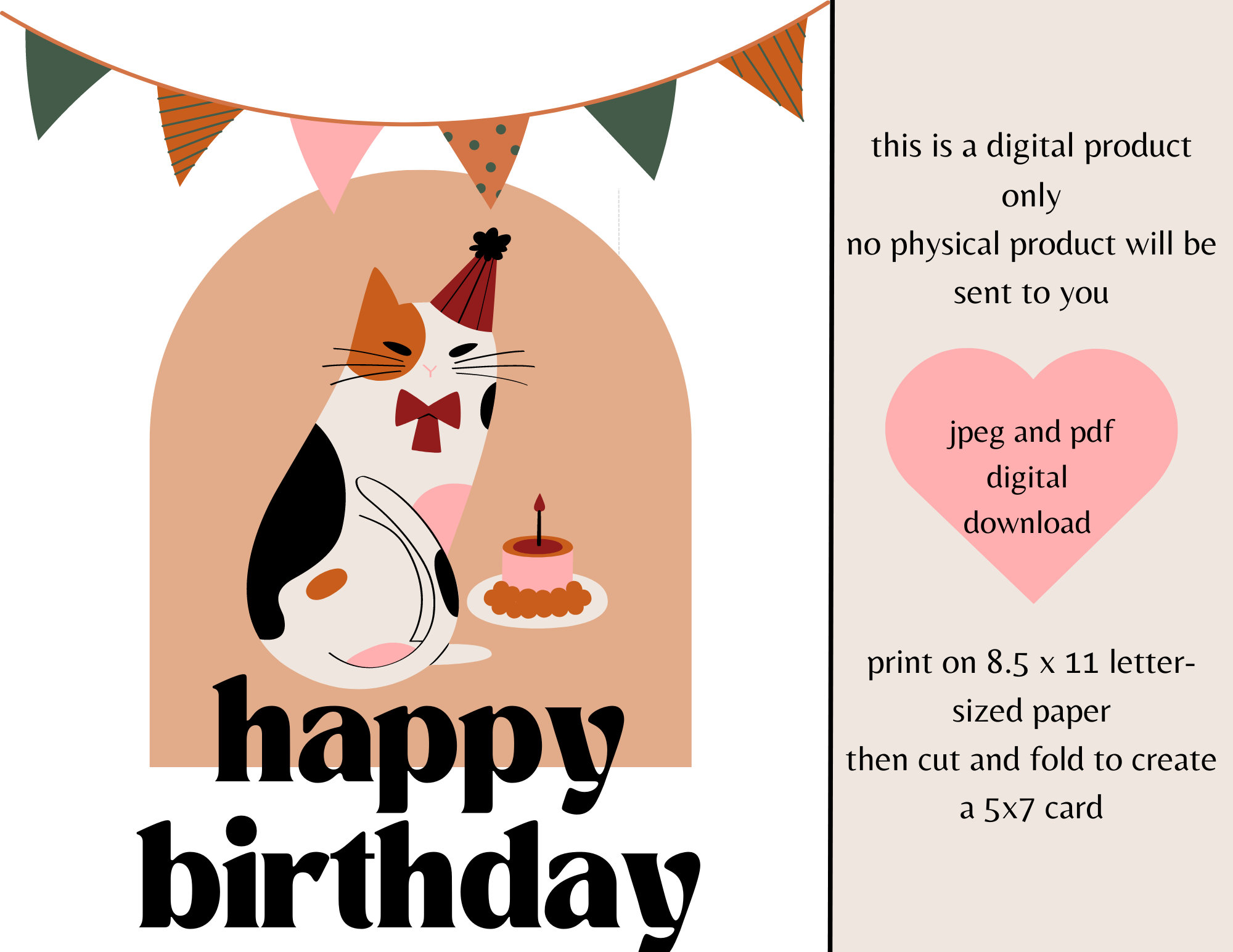 Printable Calico Cat Happy Birthday Card With Cake and Party Hat Modern ...