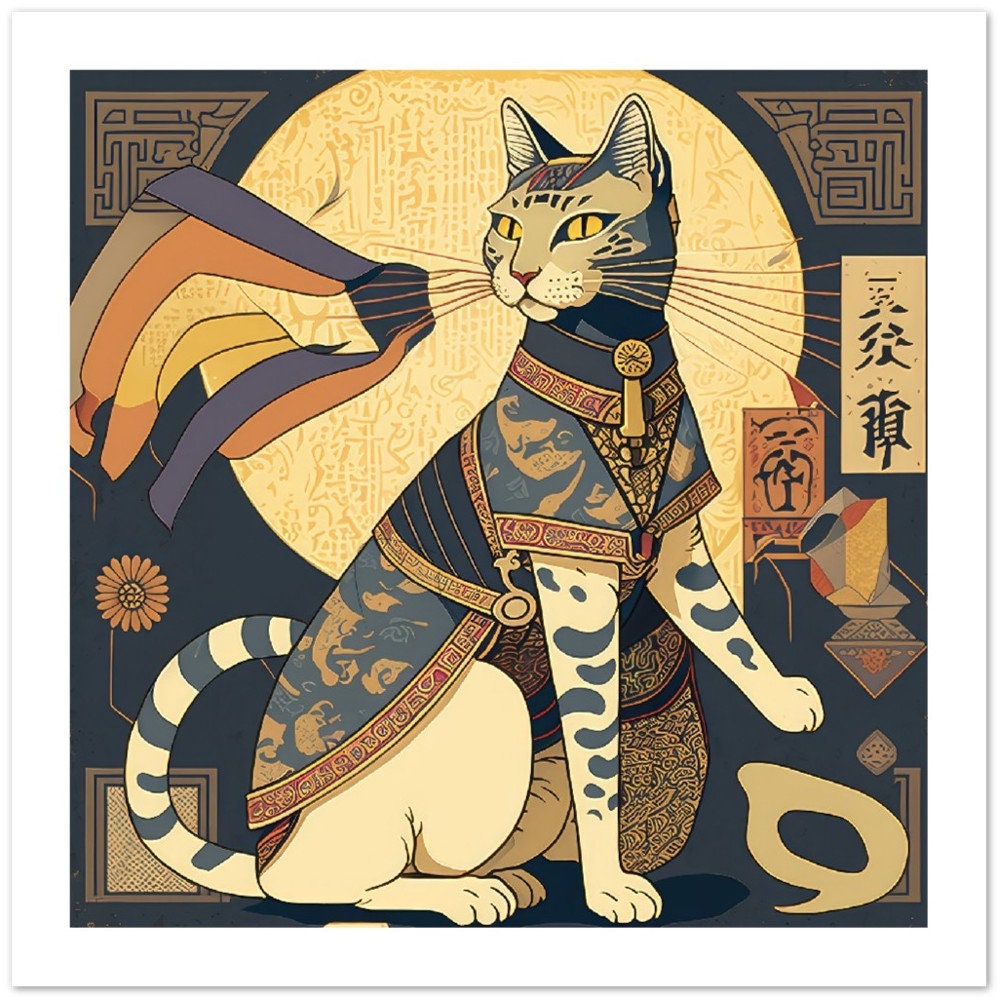 Pharaoh's Feline: A Majestic Egyptian Cat Ukiyo-e Poster Print Cat ...
