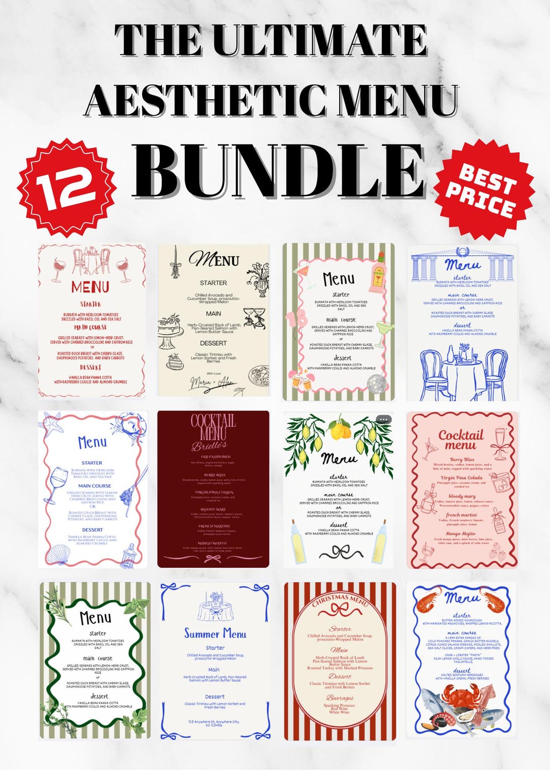 Aesthetic Dinner/birthday/girl's Night/ Cocktail Menu Bundle of 12 ...