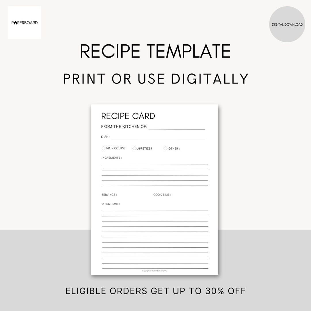 Recipe Card Template | Recipe Card Printable | Blank Recipe Card ...