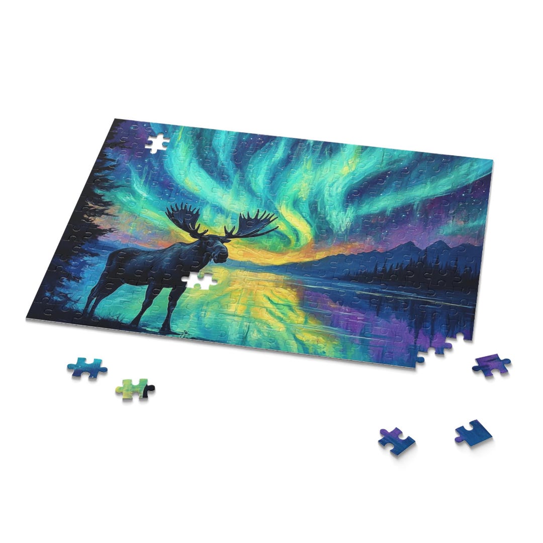 Northern Lights Moose Puzzle (120, 252, 500-piece) Moose Lover Gift ...