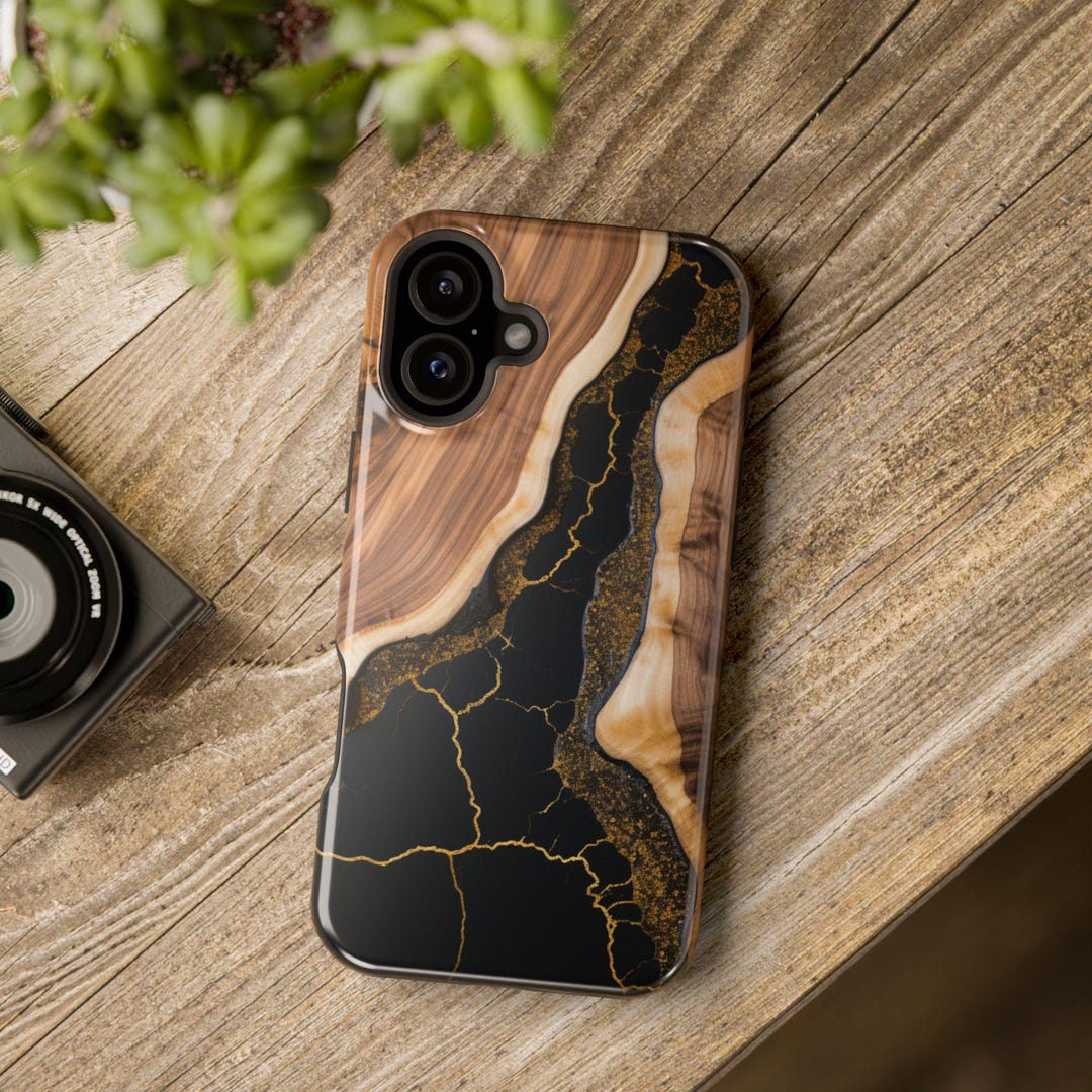 Black and Gold Magsafe Tough Cases, iPhone Case, Epoxy Wood Print, Wood ...