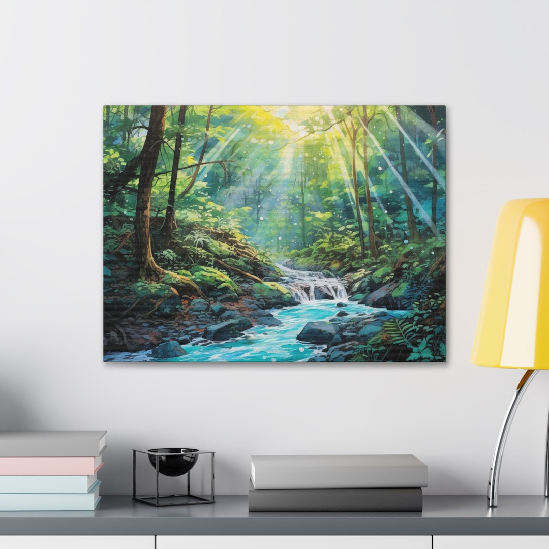Rain Forest Canvas Gallery Wrap, Forest Stream Wall Art, Forest Wall ...