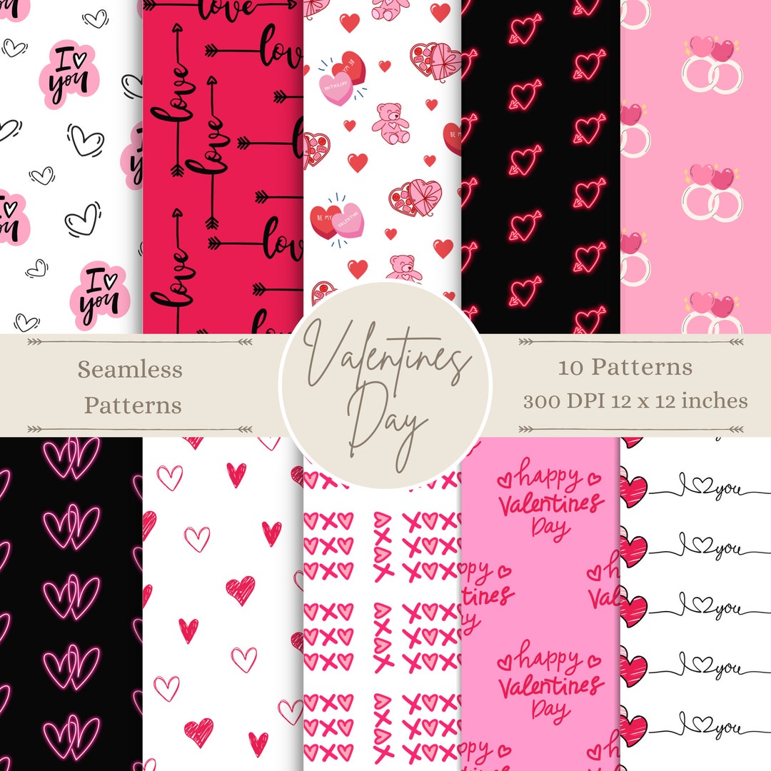 Valentines Day Digital Paper Pink Seamless Patterns Red Love Designs ...