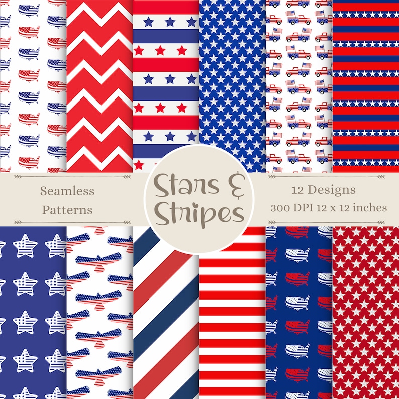 Stars & Stripes Digital Designs | Red White Blue Seamless Patterns ...