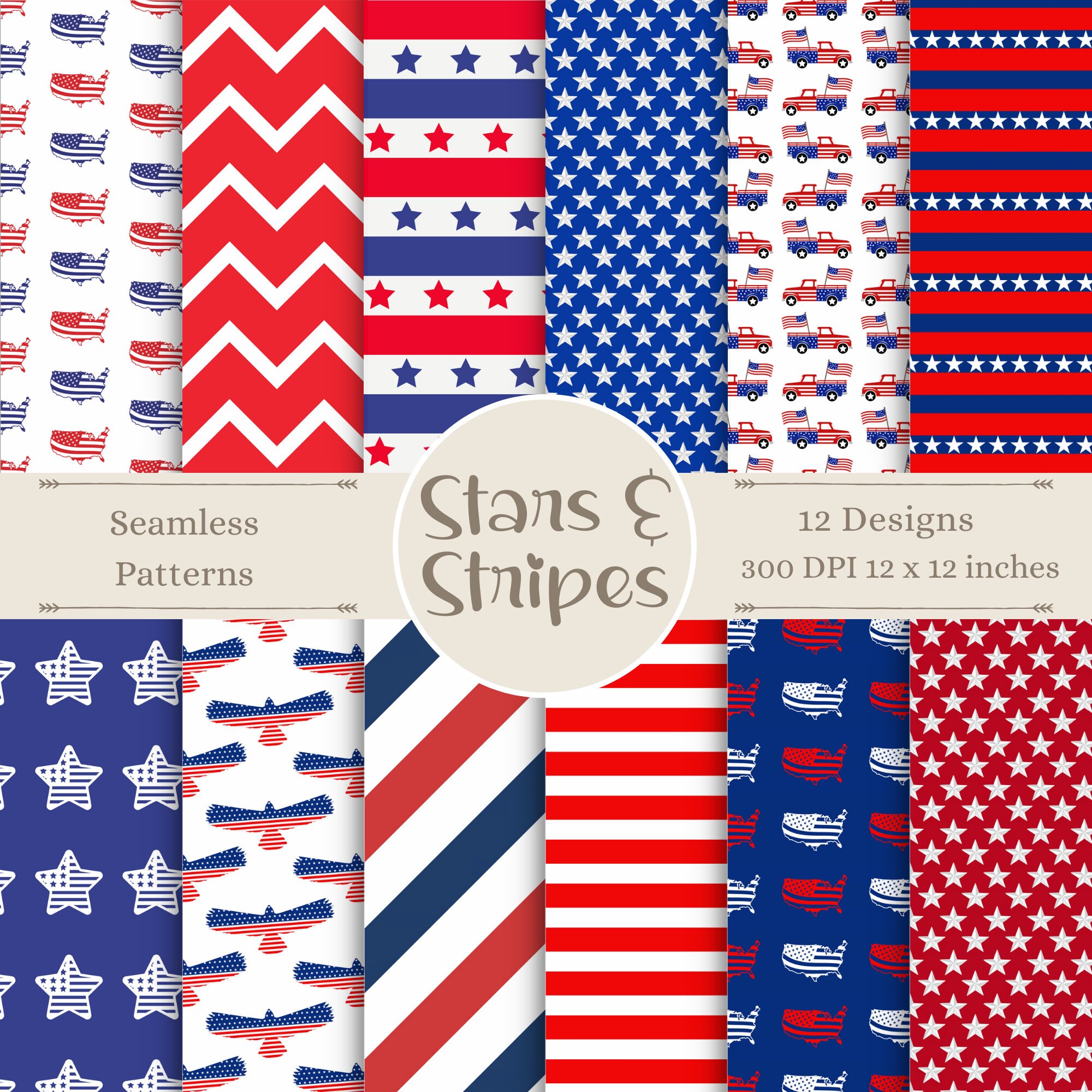 Stars & Stripes Digital Designs Red White Blue Seamless Patterns ...