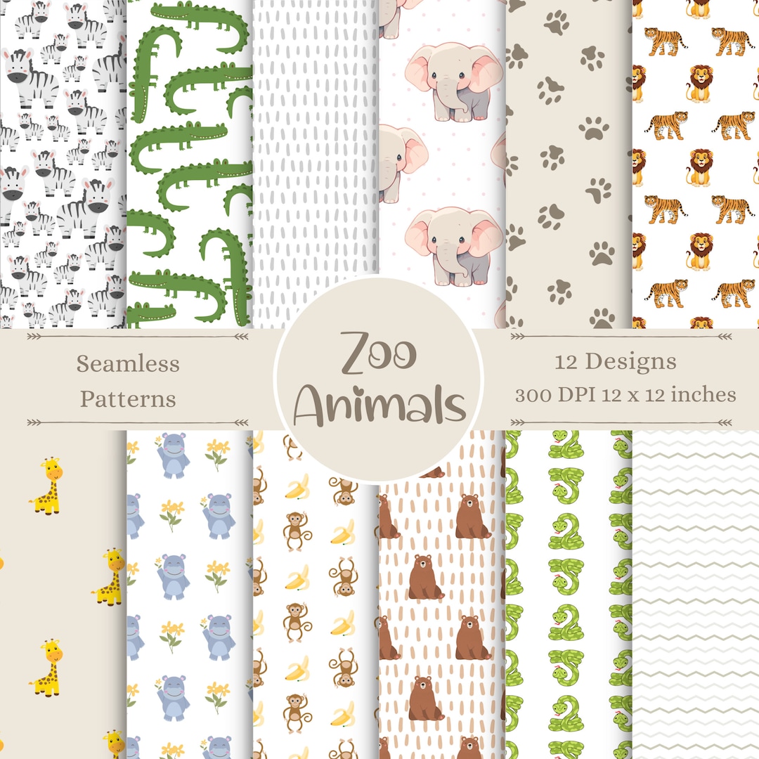 Zoo Animal Digital Patterns | Wildlife Seamless Paper | Cute Scrapbook ...