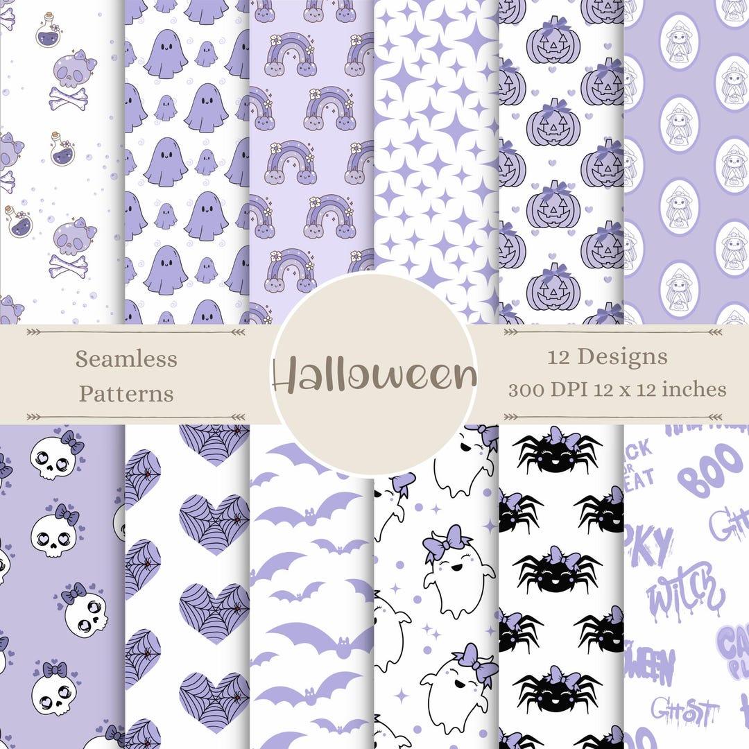 Purple Halloween Digital Patterns | Ghosts & Bats Seamless Paper ...