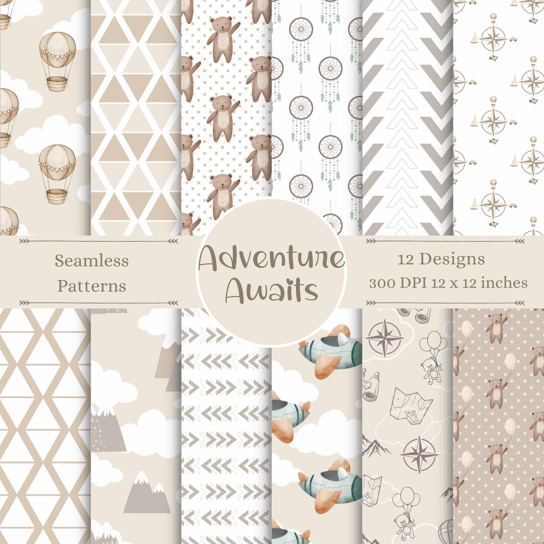 Adventure Digital Designs | Journey Seamless Patterns | Travel ...