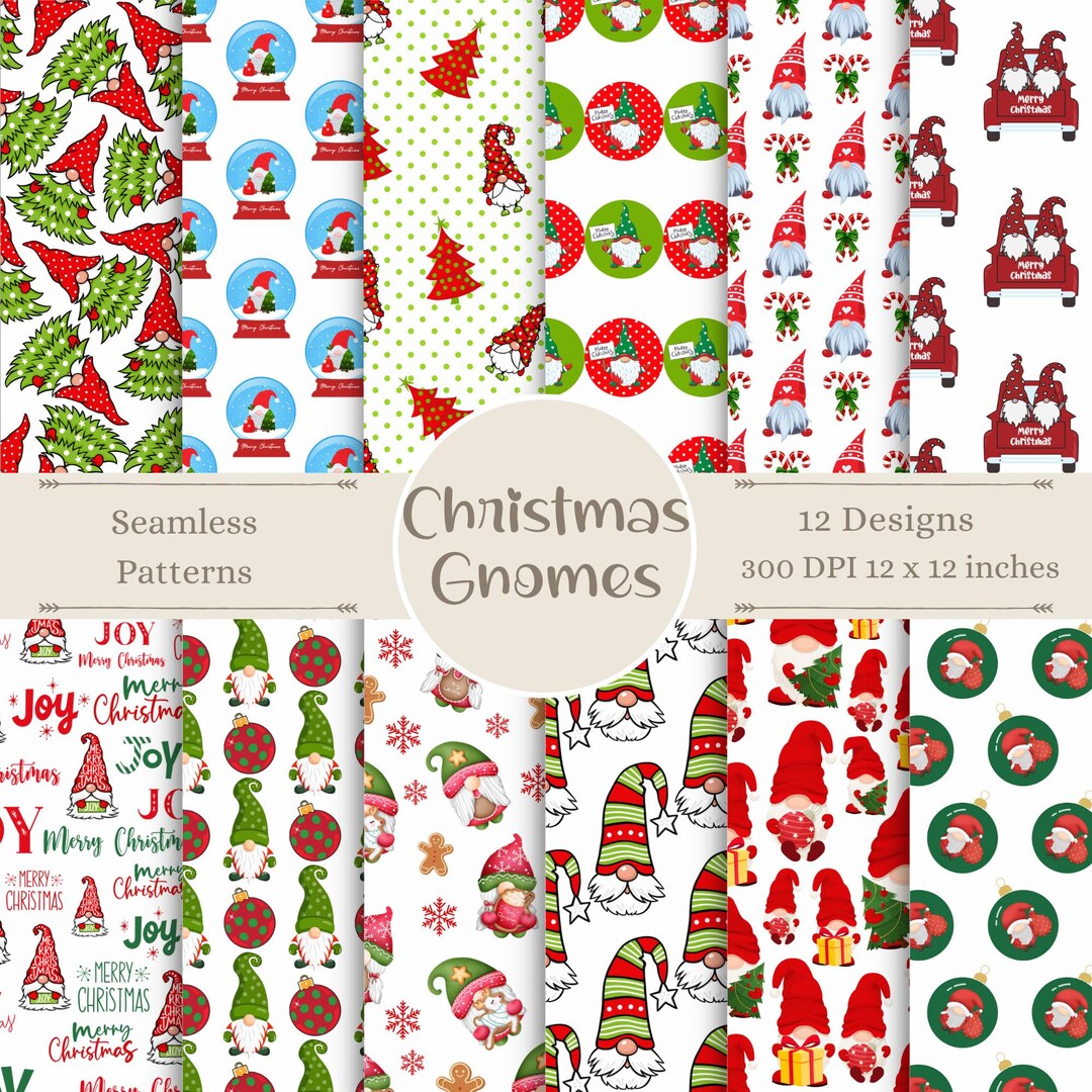 Christmas Gnomes Digital Seamless Patterns | Xmas Scrapbook Craft Paper ...
