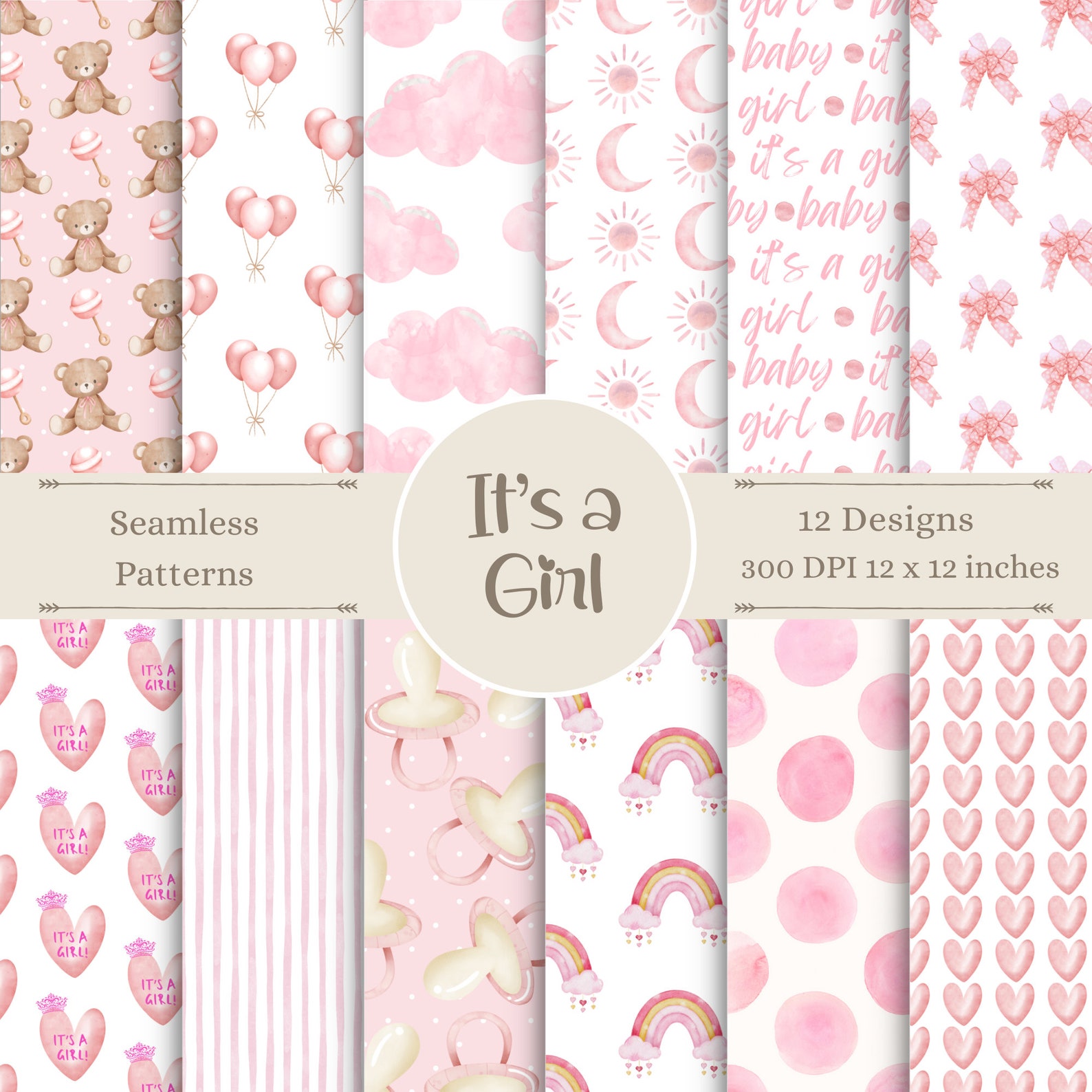 It's a Girl Digital Patterns | Baby Girl Seamless Paper| Pink Scrapbook ...