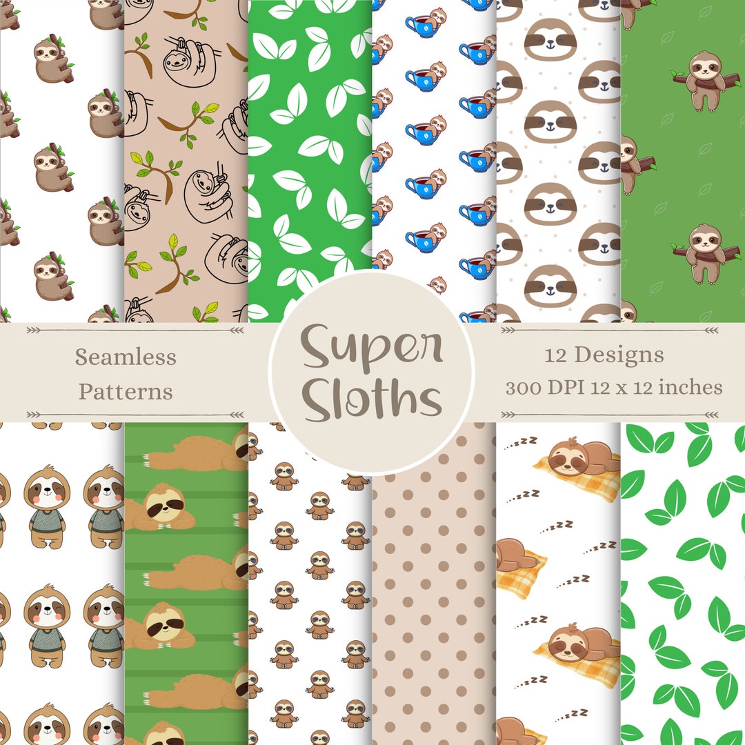 Super Sloths Digital Designs | Cute Animal Scrapbook Craft Paper | Printable Seamless Patterns ...