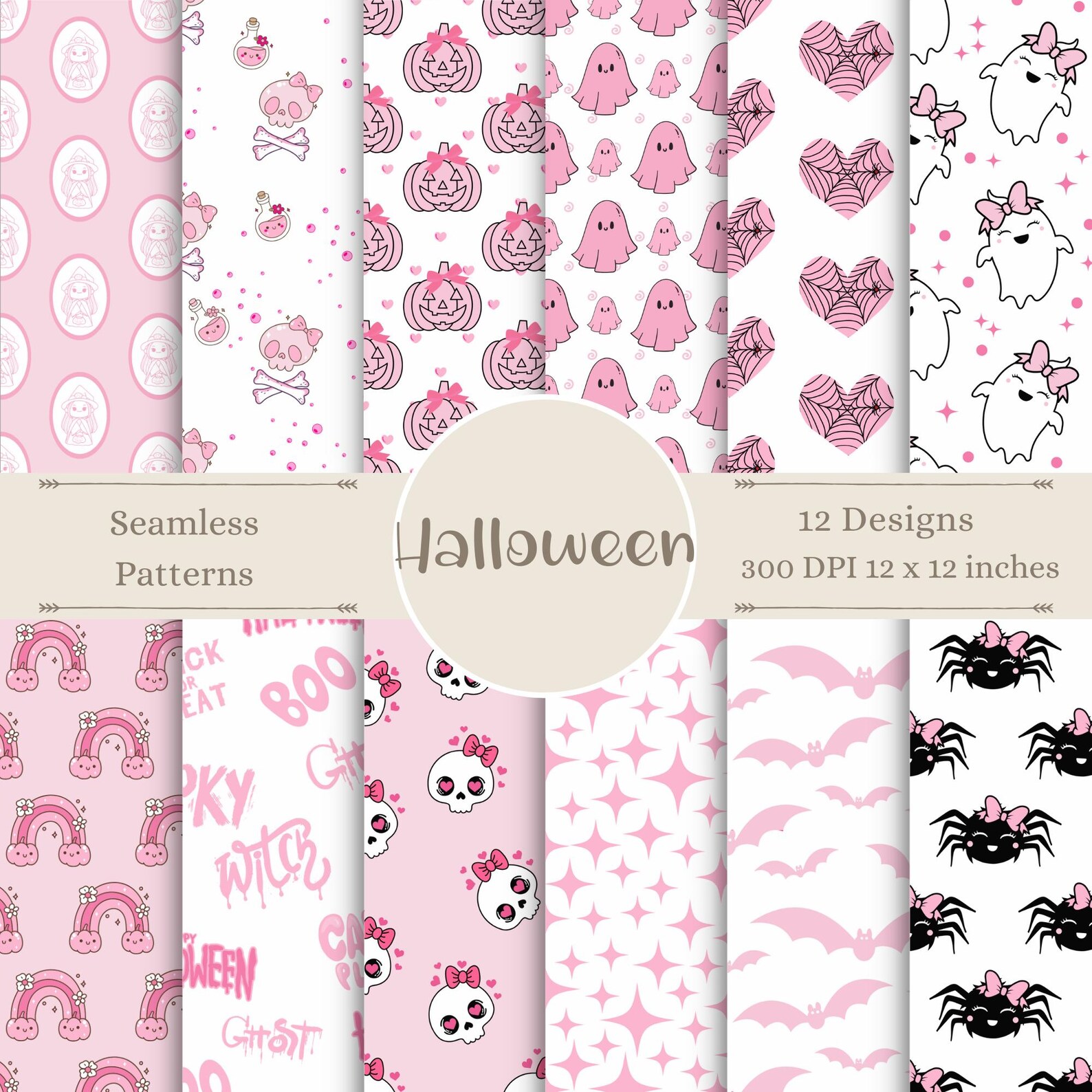 Pink Halloween Digital Patterns | Ghosts & Bats Seamless Paper | Trick ...