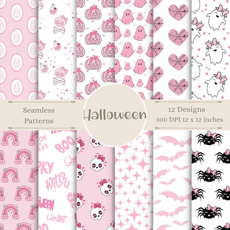 Pink Halloween Digital Patterns | Ghosts & Bats Seamless Paper | Trick ...