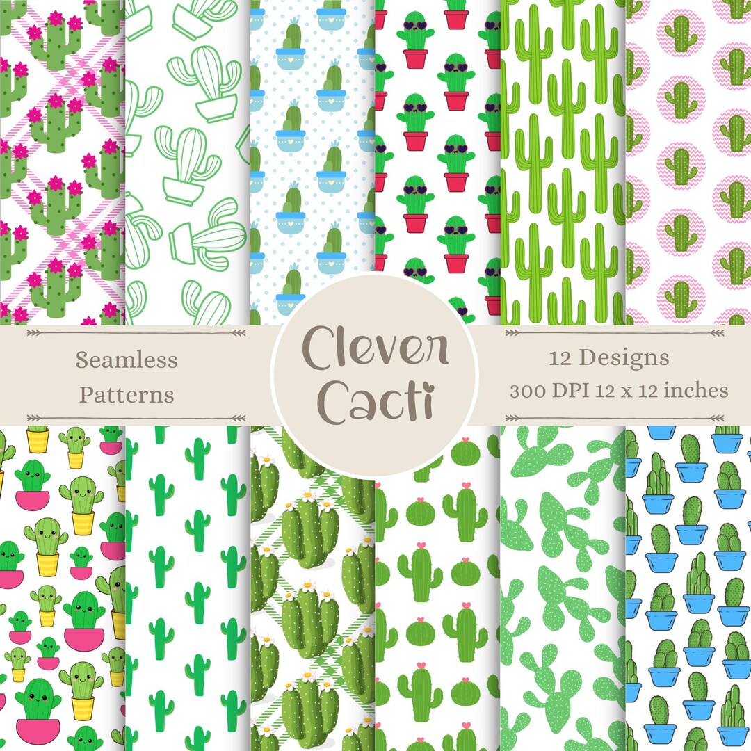 Cacti Digital Seamless Patterns | Bright Green Cactus Scrapbook Craft ...