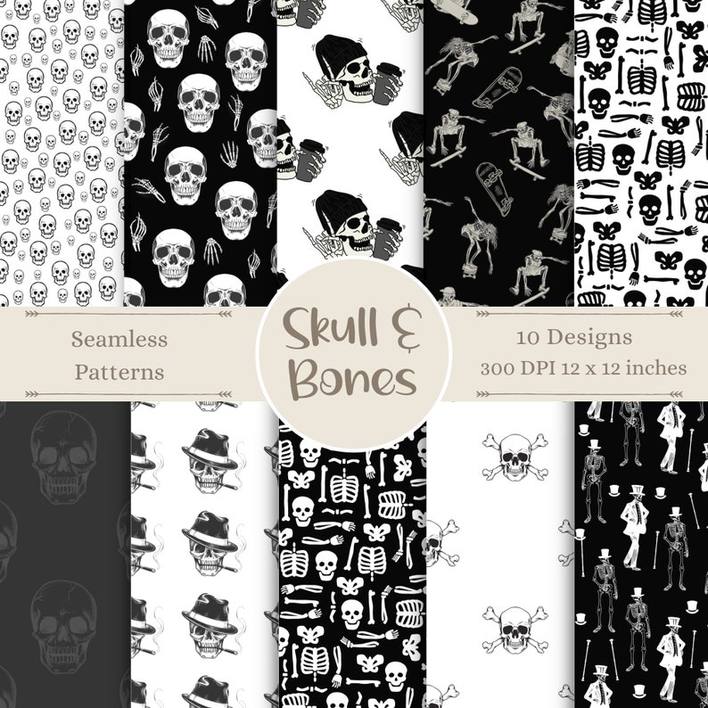 Skull and Bones Digital Patterns | Halloween Seamless Paper | Skull and ...