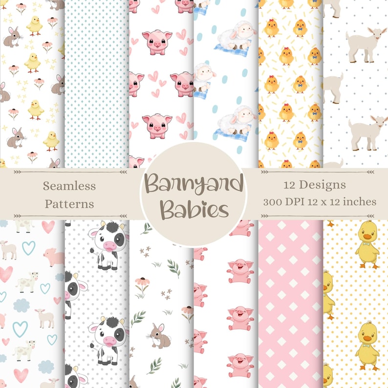 Barnyard Babies Digital Patterns | Farm Animal Seamless Paper | Farmyard Scrapbook Prints ...