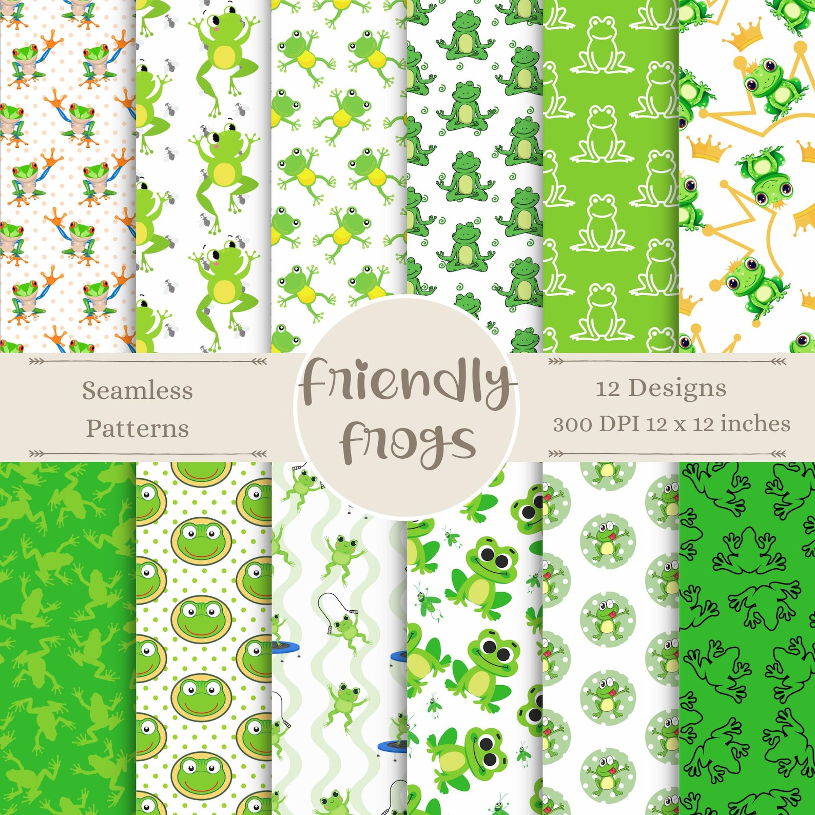 Friendly Frogs Digital Patterns | Frog Green Seamless Paper | Froggy ...
