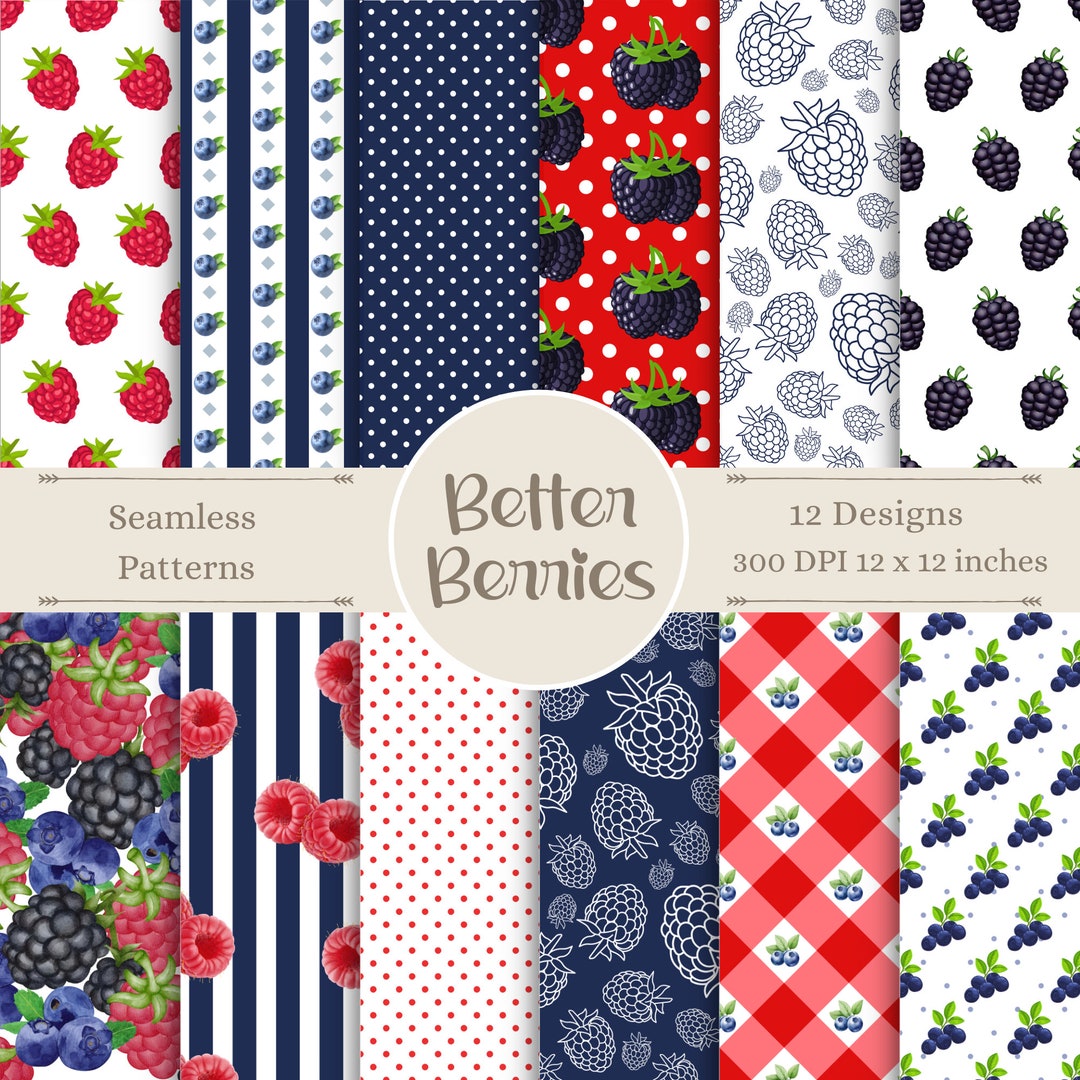 Berry Digital Patterns | Fruit Seamless Paper | Blueberry Scrapbook ...