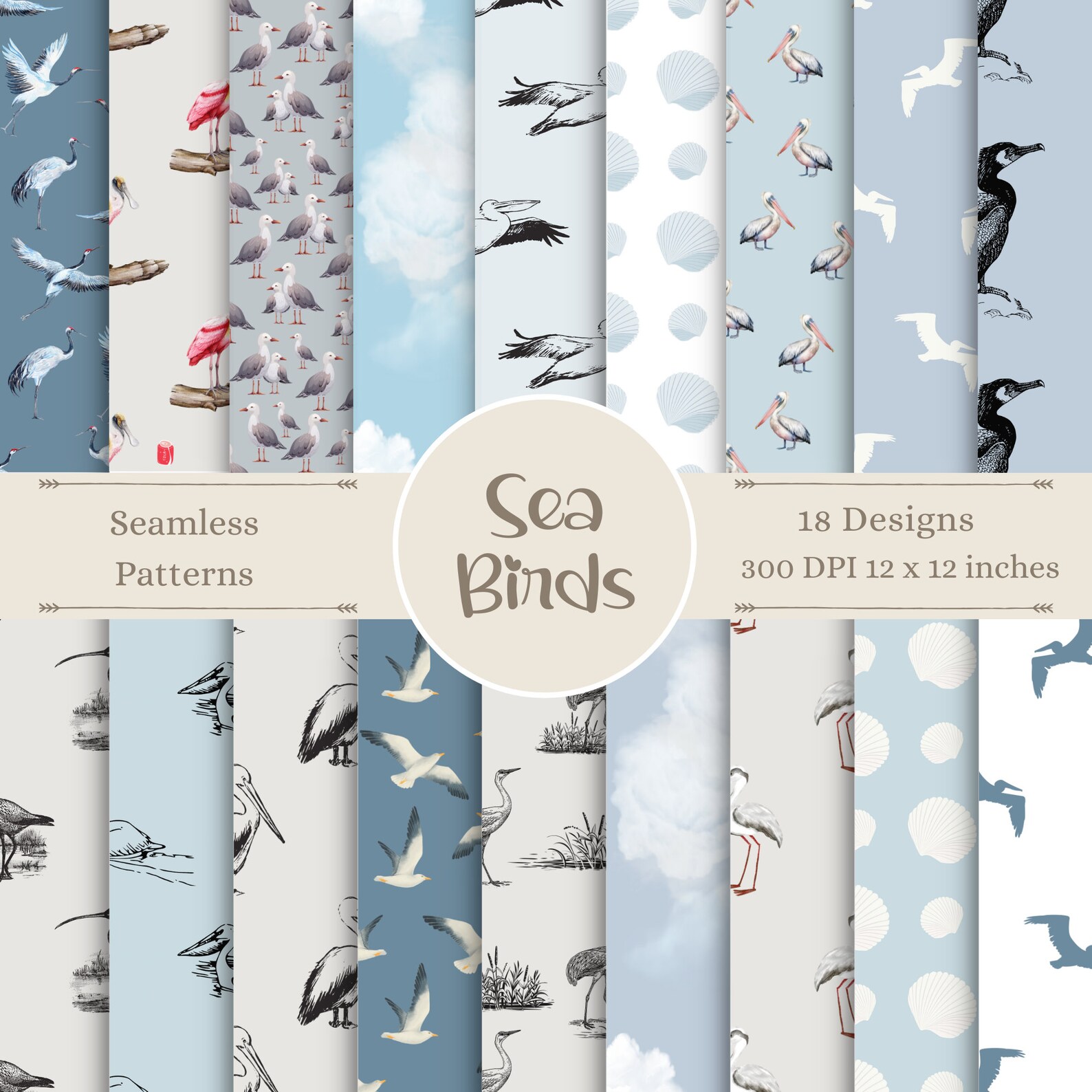 Sea Birds Digital Patterns | Birds Seamless Paper | Sea Scrapbook ...