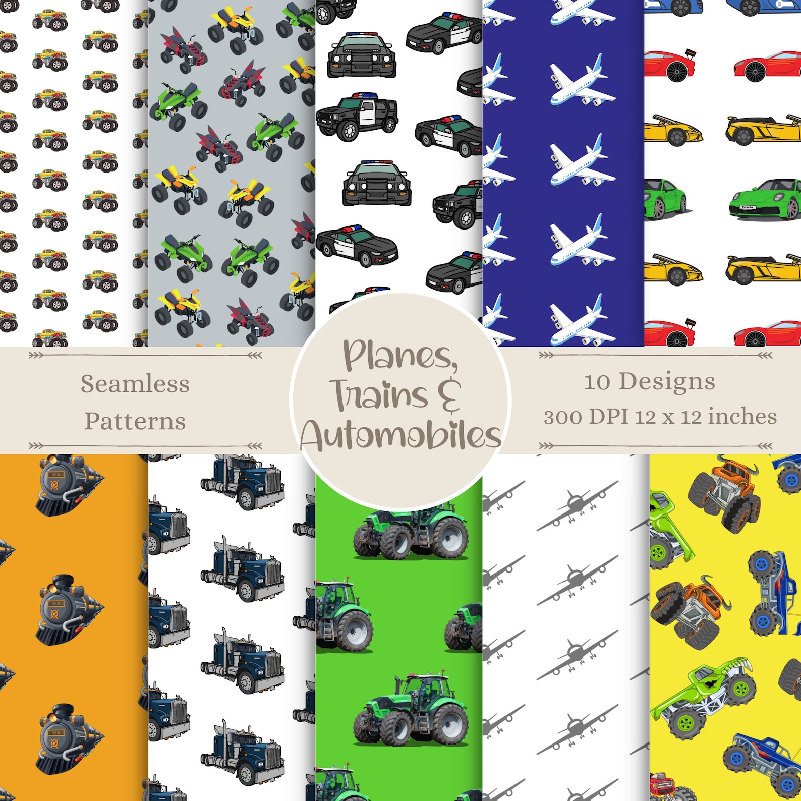 Planes, Trains & Automobiles Digital Patterns | Trucks Seamless Paper ...