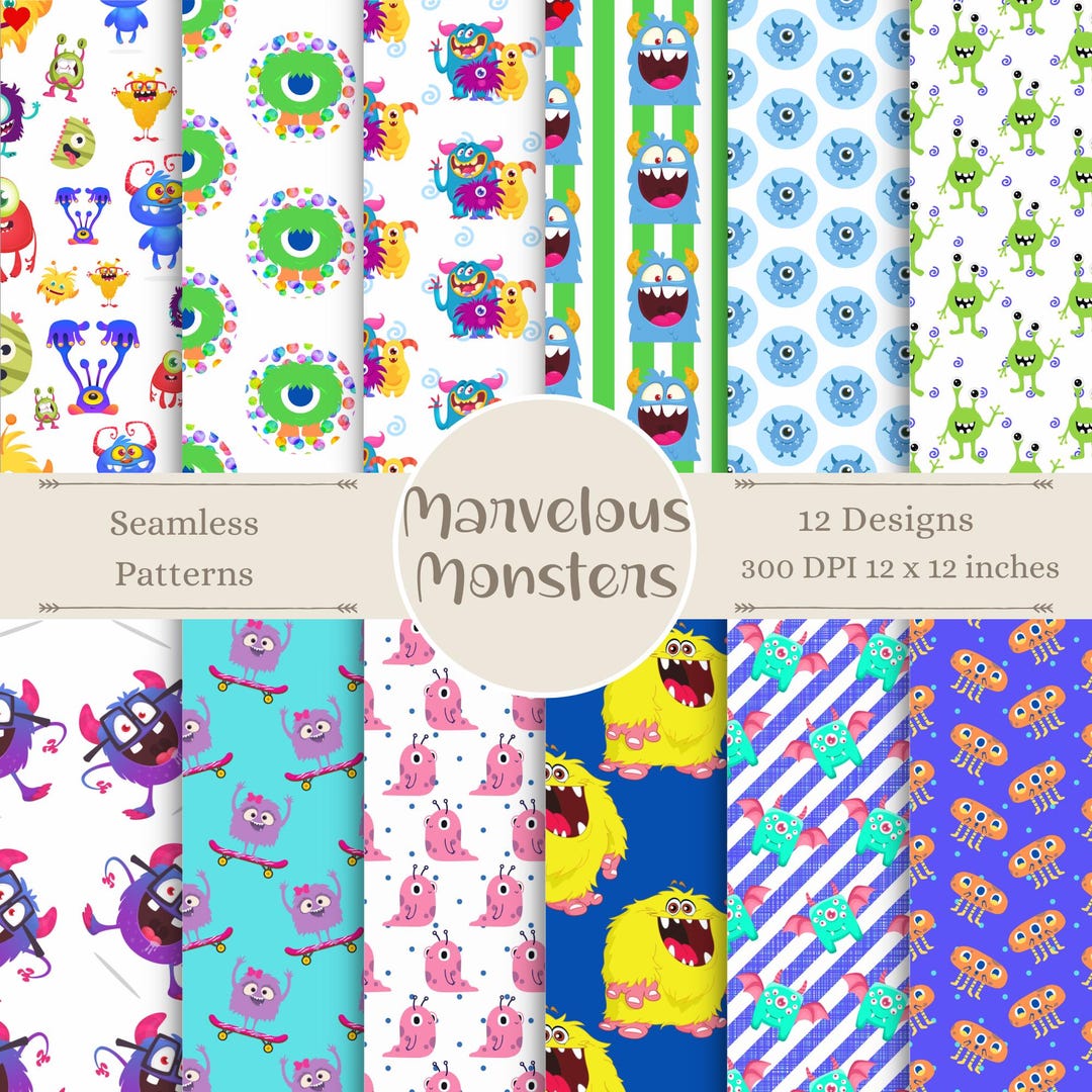 Cartoon Monsters Digital Seamless Patterns | Scrapbook Craft Paper ...