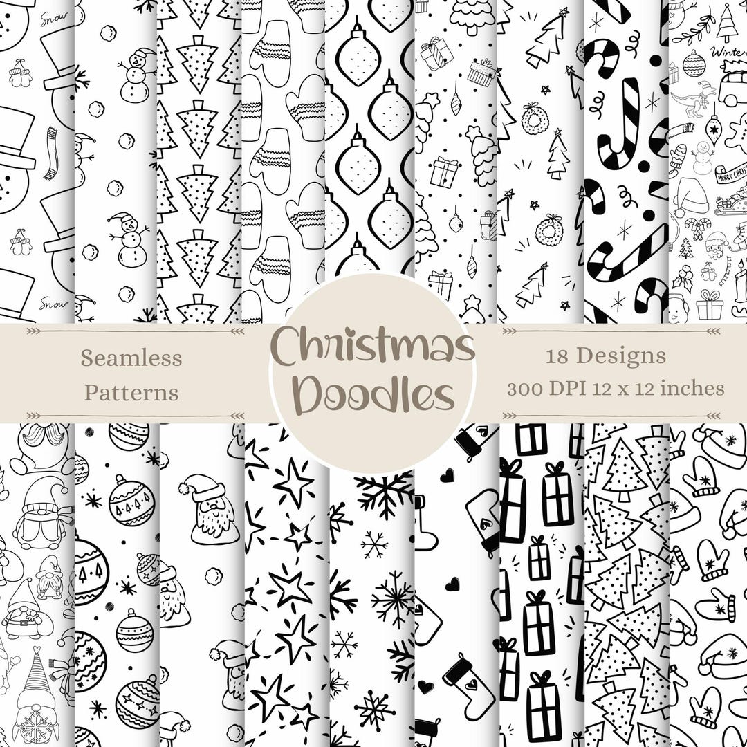 Christmas Black-white Doodle Digital Designs | Illustration Seamless ...