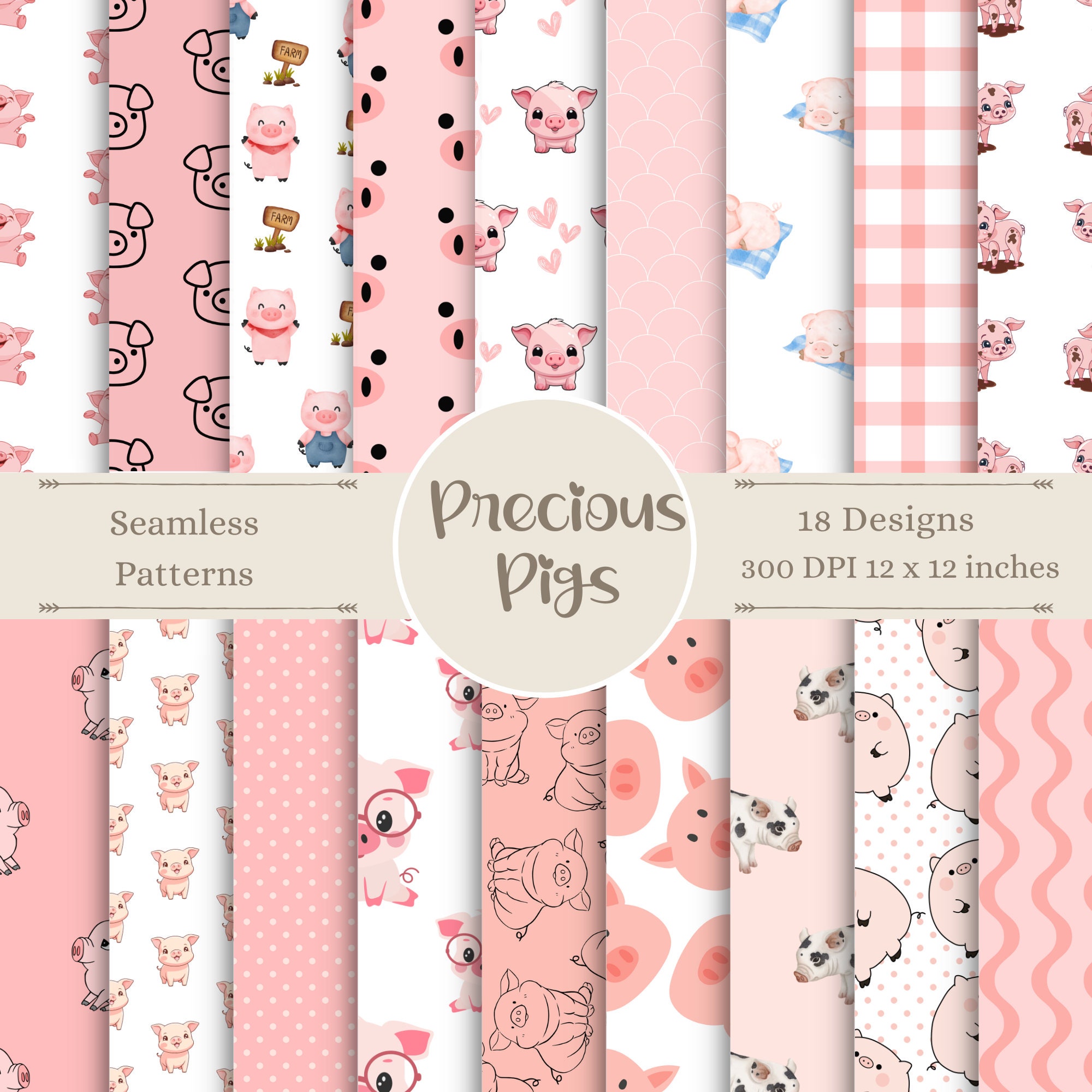 Precious Pigs Digital Patterns | Piggy Seamless Paper | Scrapbook ...