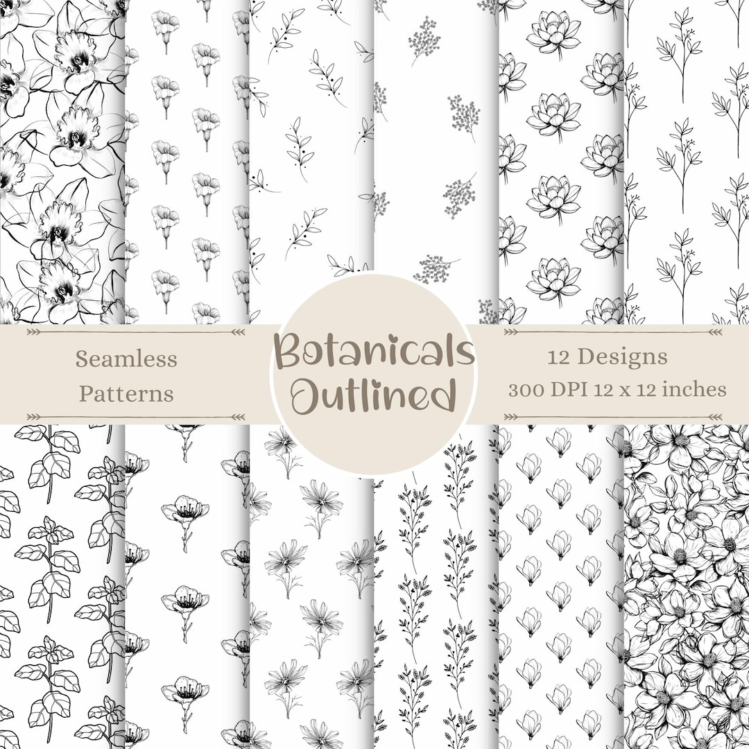Botanicals Outline Digital Designs | Greenery Leaves Scrapbook Paper ...