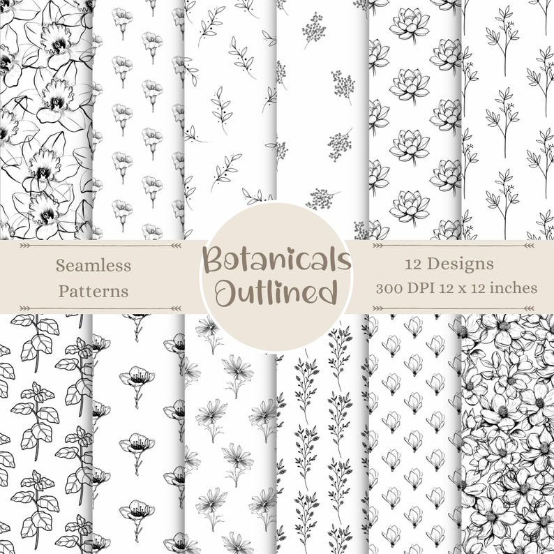 Botanicals Outline Digital Designs | Greenery Leaves Scrapbook Paper ...