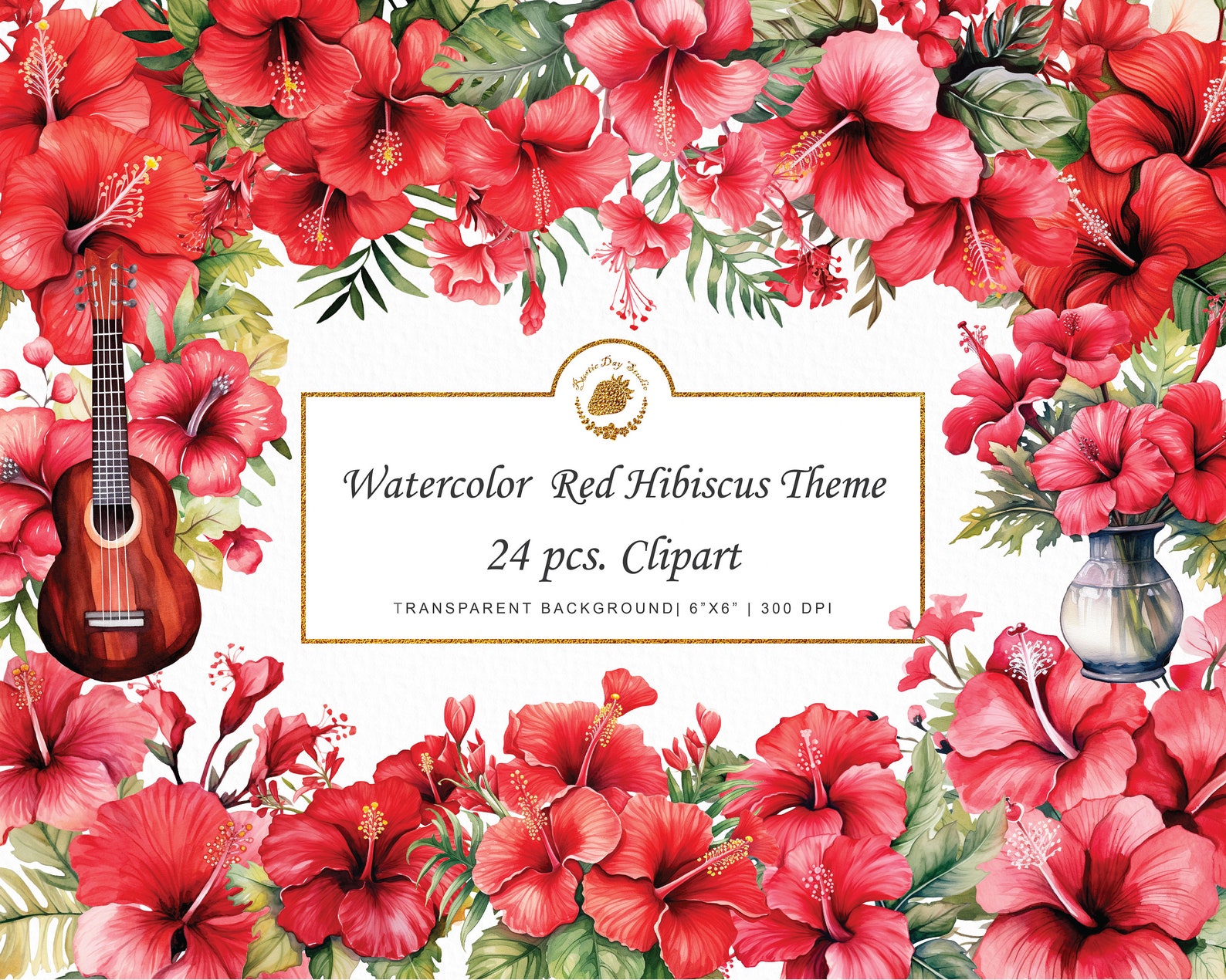 Watercolor Red Hibiscus Clipart Tropical Hibiscus Clipart Bundle Floral ...