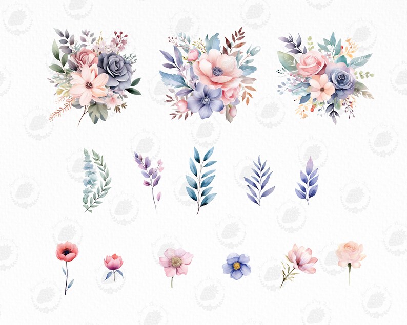 Watercolor Pastel Flowers PNG Watercolor Floral Clipart Bouquets ...