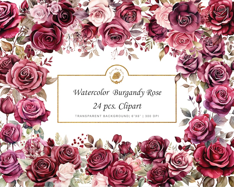 Watercolor Burgandy Rose PNG Watercolor Rose Clipart Bouquets Flower ...