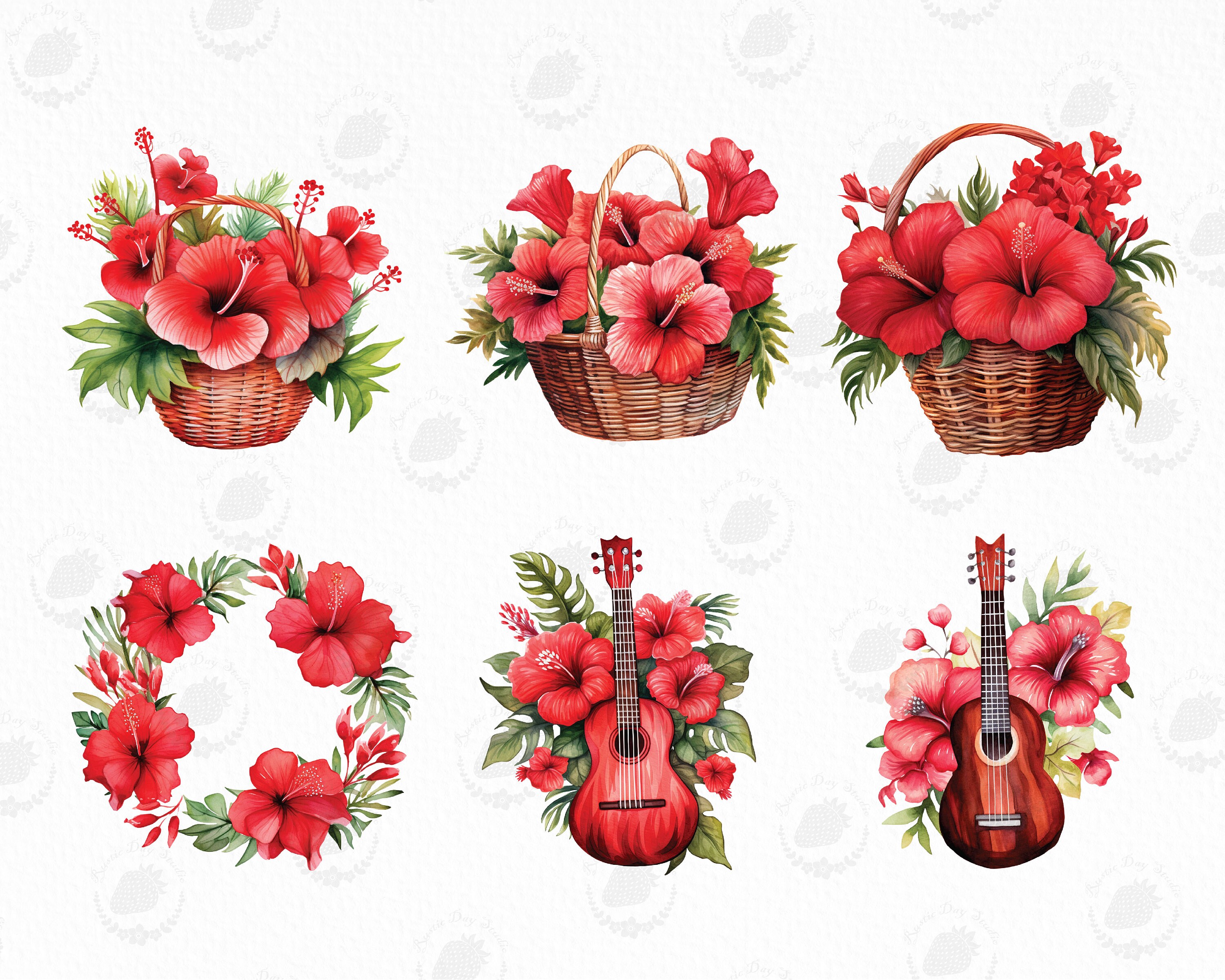 Watercolor Red Hibiscus Clipart Tropical Hibiscus Clipart Bundle Floral ...
