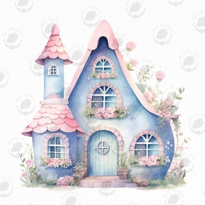 Watercolor Cute Pastel Fairy House Watercolor Clipart Fantasy Clipart ...