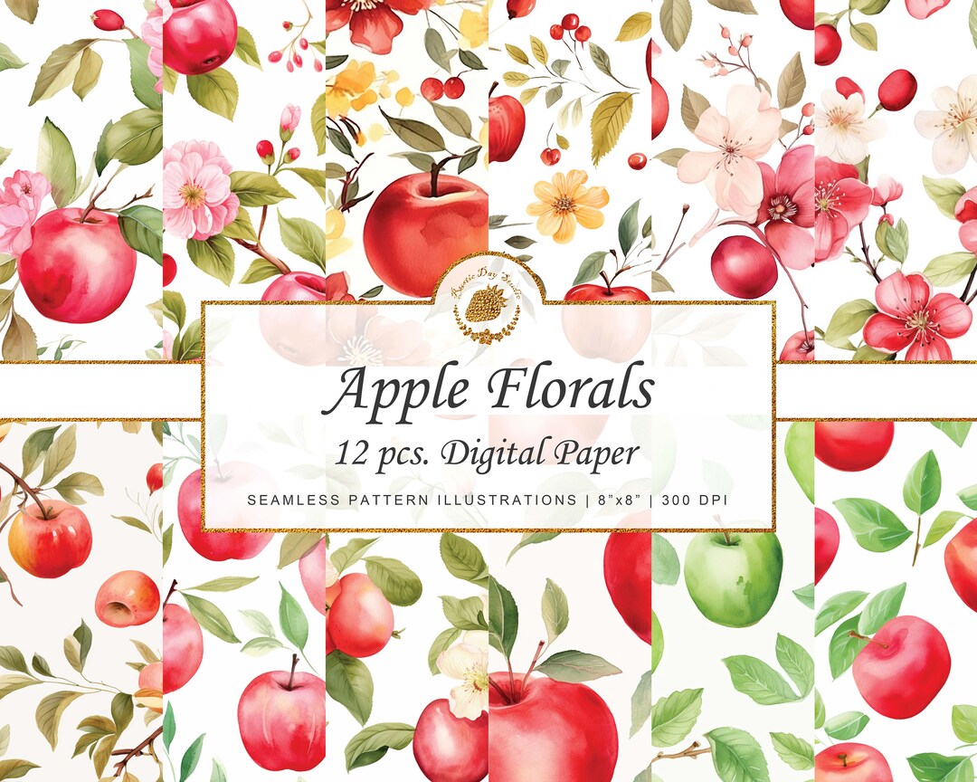 Apple Digital Paper Floral Seamless Pattern Apple Floral Digital ...