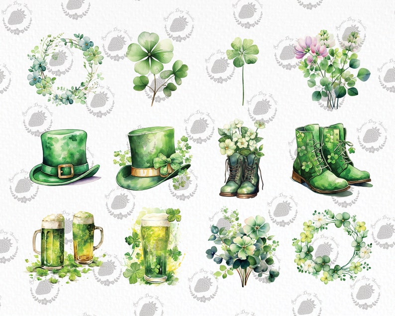 Watercolor Clover Clipart St. Patrick's Day Bundle Element Graphics ...
