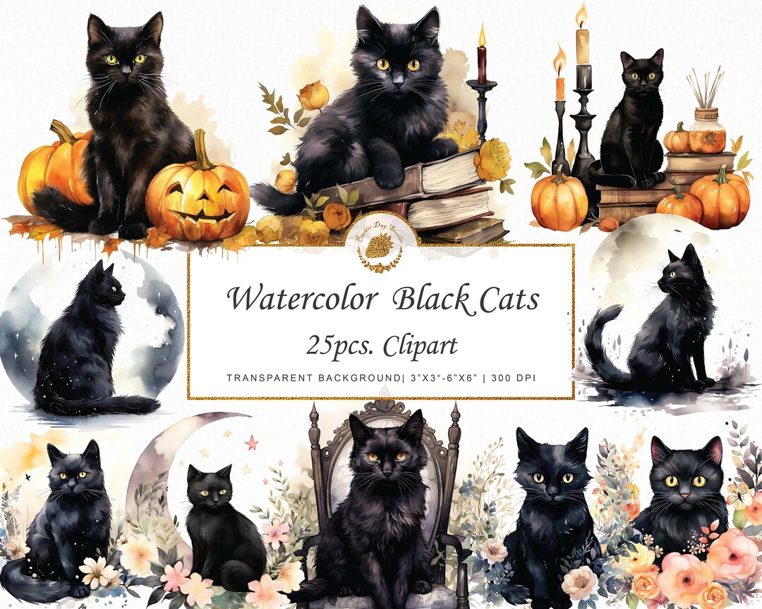 Watercolor Black Cat Clipart Catt Clipart Halloween Clipart Watercolor ...