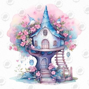 Watercolor Cute Pastel Fairy House Watercolor Clipart Fantasy Clipart ...